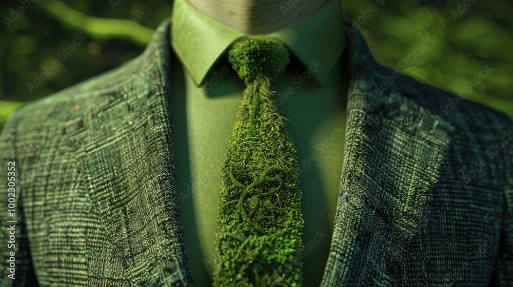 A man in a suit and tie made of green moss, front view, with a forest ...