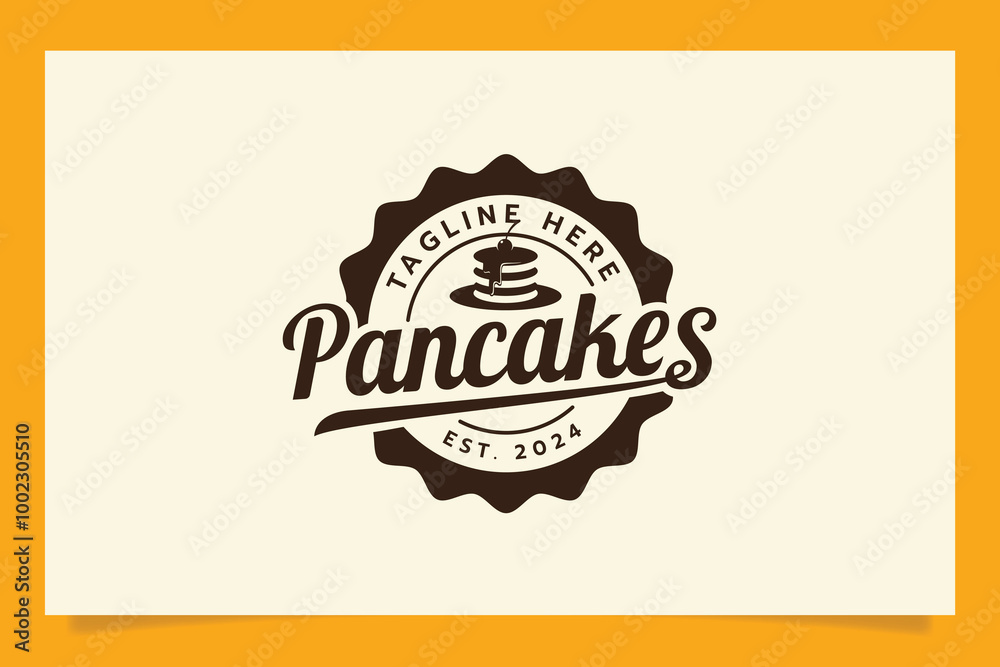 pancakes logo in an emblem form with a stack of pancakes and beautiful ...