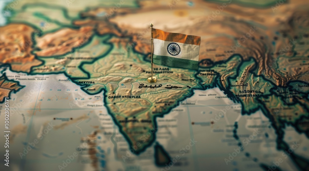 A map of India with the Indian flag on top, symbolizing its position in ...