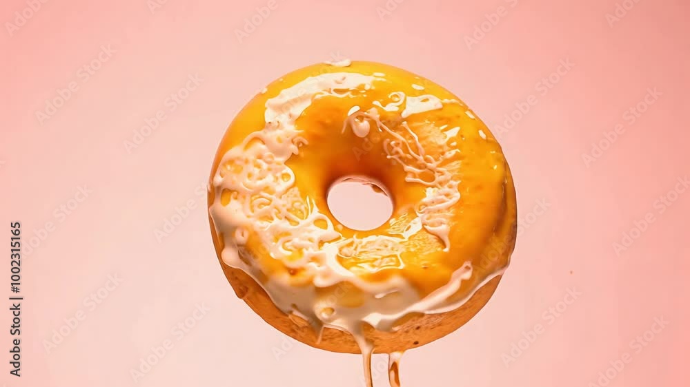 Glazed donut rotating with icing dripping on a soft pink background ...