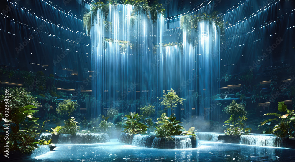 The waterfall stage design has floating islands in the center of the ...