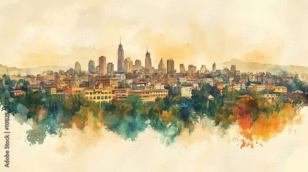 Addis Ababa, Ethiopia, color pen pencil hand-drawn effect drawing ...