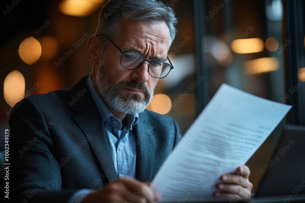 Serious and focused mature boss working inside modern office building ...