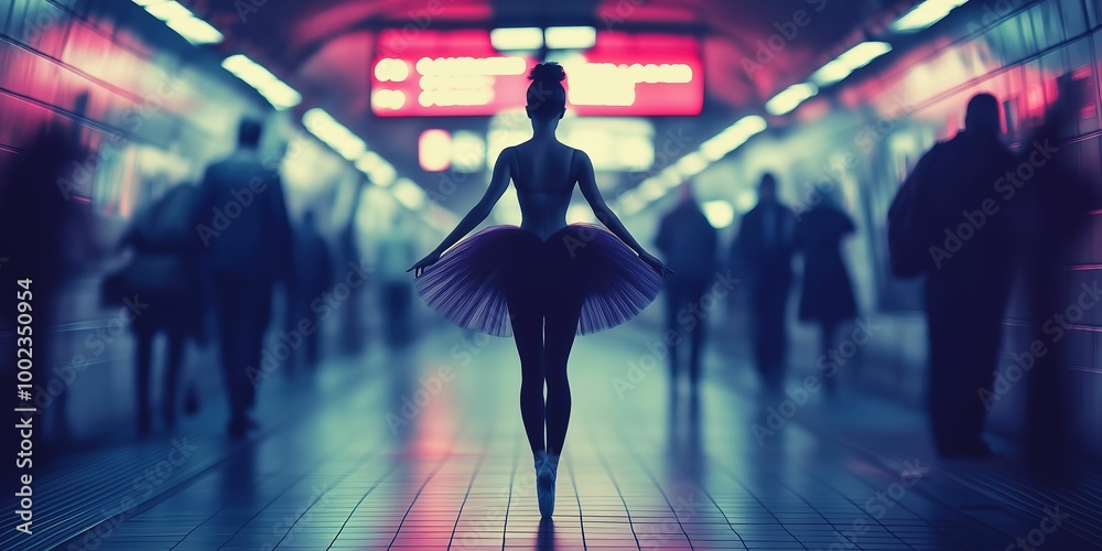 Graceful ballerina striking a poised pose in a bustling subway station ...