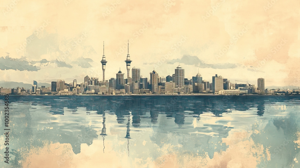 Auckland, New Zealand, color pen pencil hand-drawn effect drawing ...