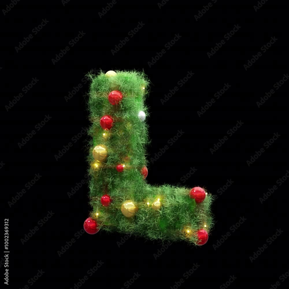 Letter L with Christmas decoration and glowing lights on a transparent ...