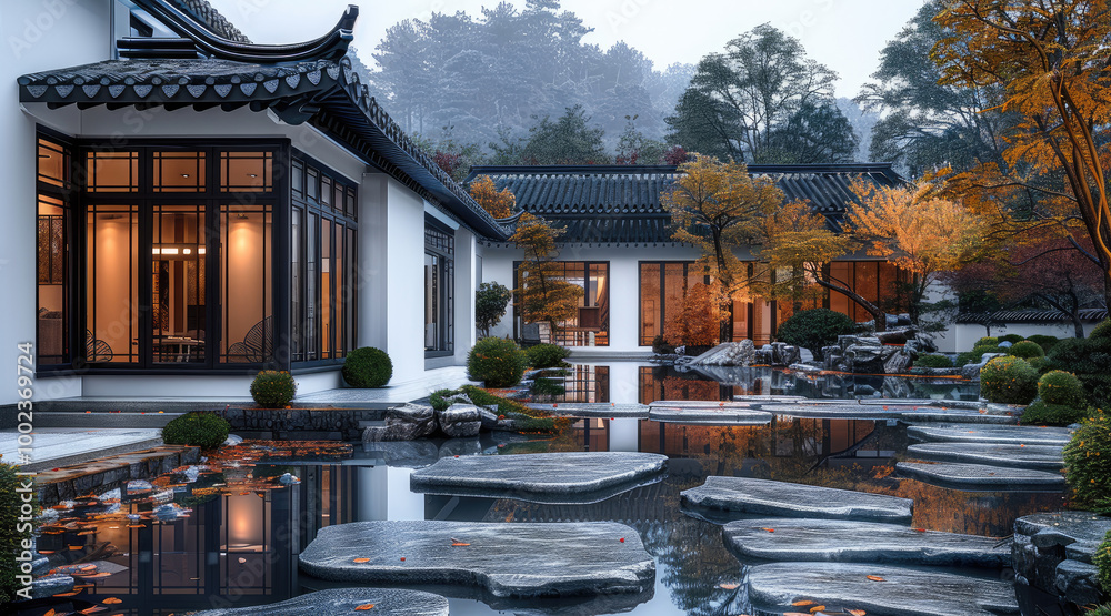 Modern Chinese courtyard, white walls, black tile roof with upturned ...