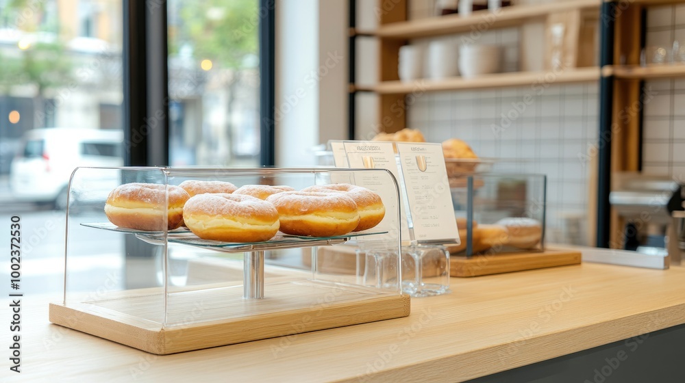 Brightly lit bakery display features an array of doughnuts and cakes ...