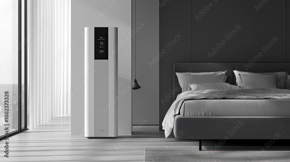 a sleek air purifier in a modern bedroom, efficiently cleaning the air ...