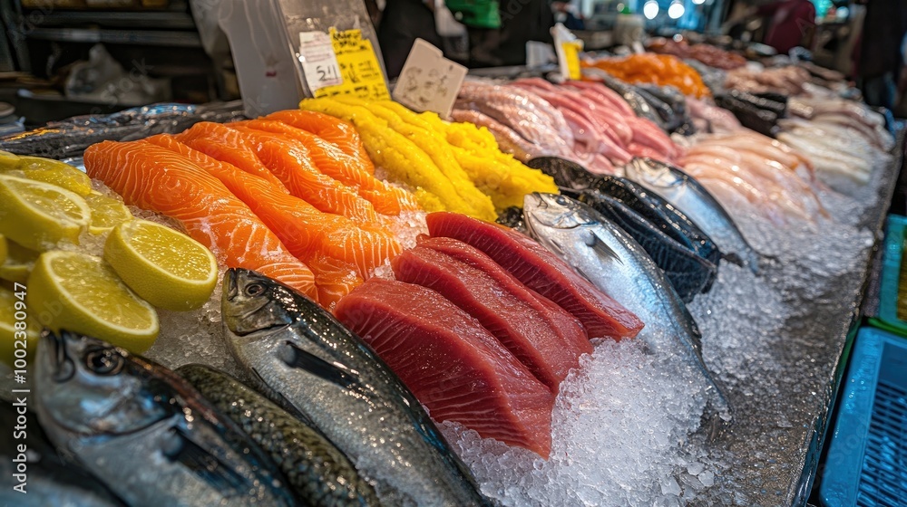 a vibrant display of fresh fish at a bustling fish market, with ...