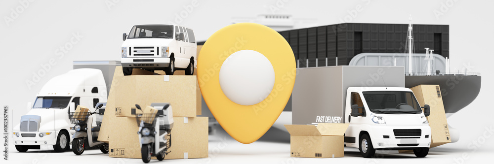 A variety of cargo vehicles including trucks, vans, and motorcycles ...