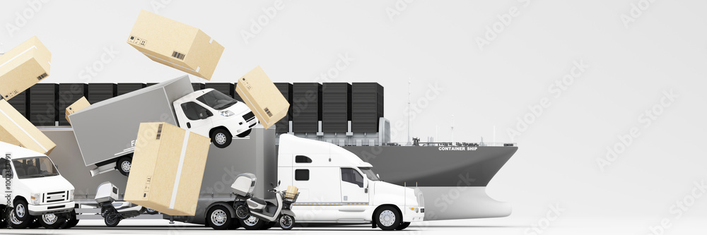 A variety of cargo vehicles including trucks, vans, and motorcycles ...