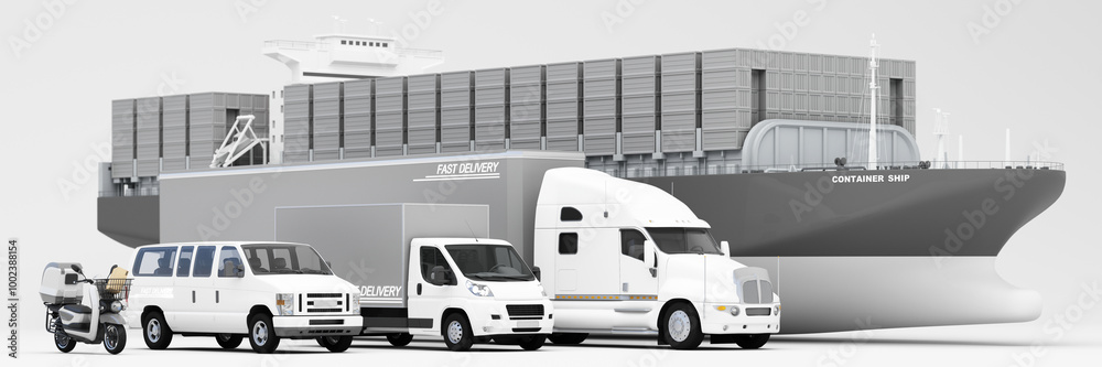 A variety of cargo vehicles including trucks, vans, and motorcycles ...
