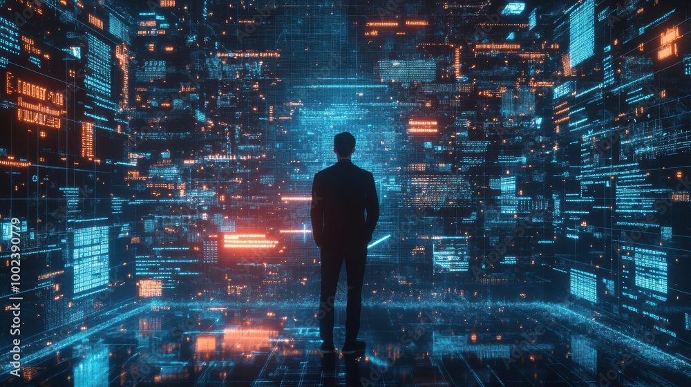 Cybersecurity expert navigating a virtual data space filled with ...