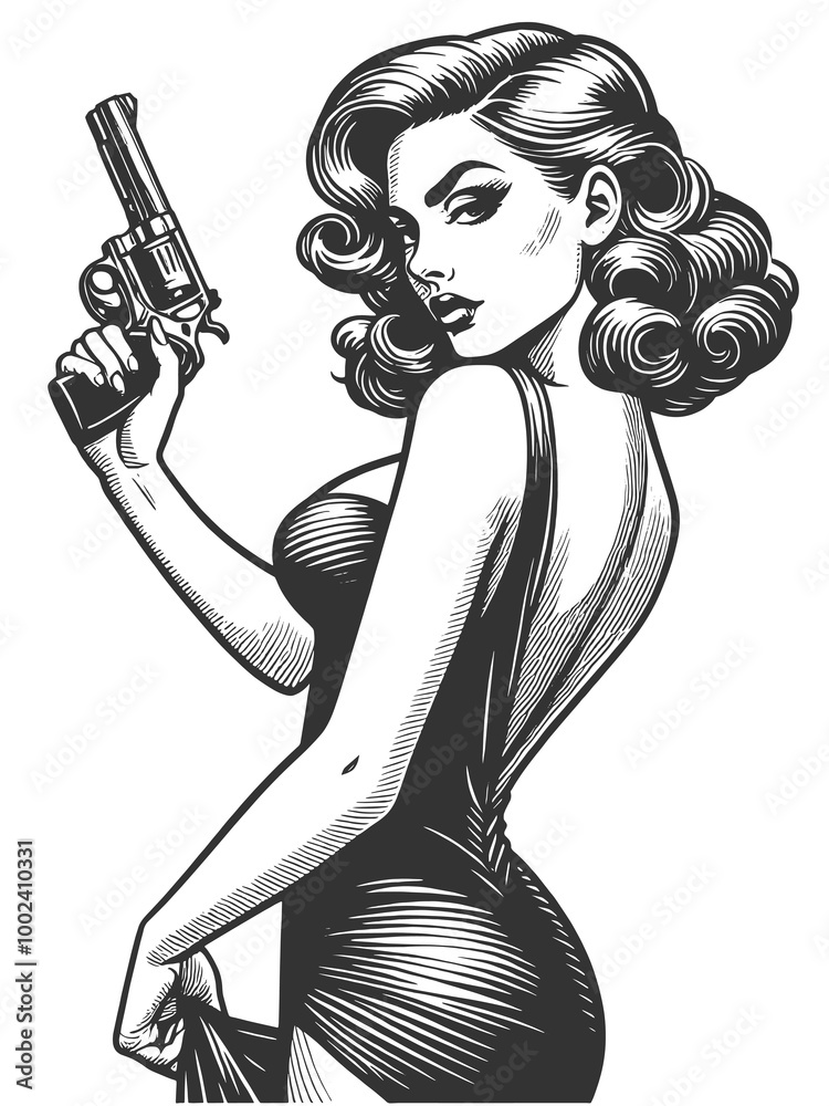 Glamorous Pin Up Woman In An Elegant Dress With A Revolver Vintage