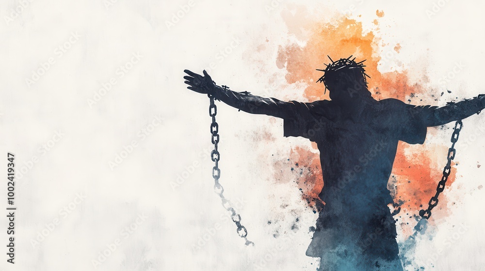 Silhouette of a spiritual figure with arms outstretched breaking free ...