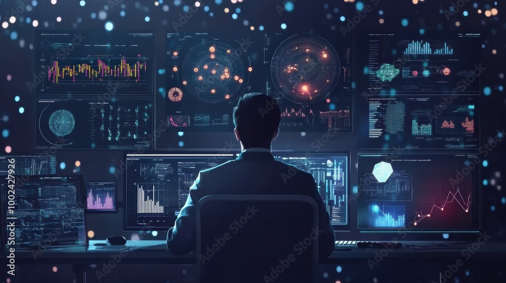 Data science and big data technology. Scientist computing, analyzing and visualizing complex ...