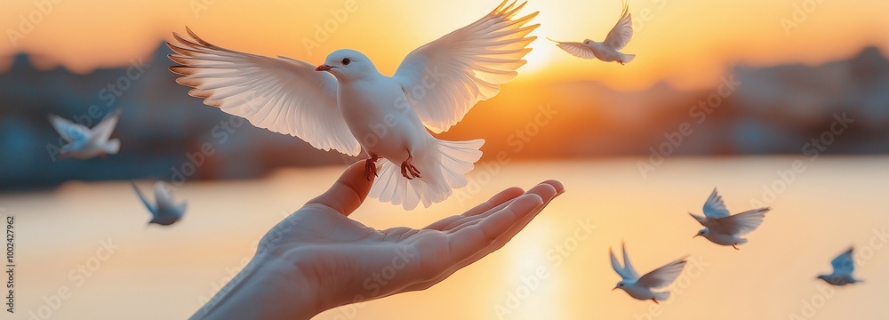 Hands raised in prayer, palms facing up, birds soaring above serene ...