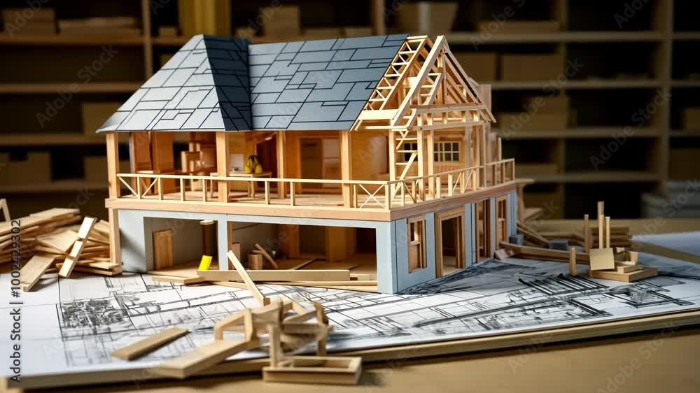 Architectural model of wooden house on blueprints with drawing tools ...