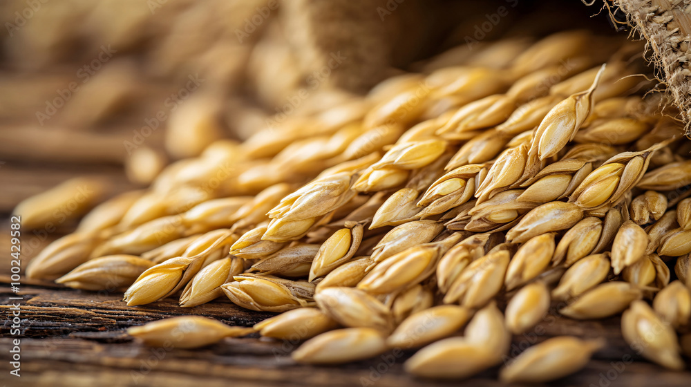 Closeup of raw barley grains with a rustic background, highlighting ...