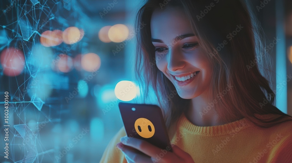 woman touching smartphone screen using smiley face emoticon with IoT ...