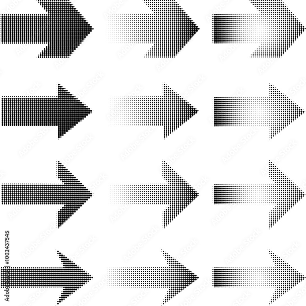 Abstract illustration of arrows created from dots, retro halftone ...