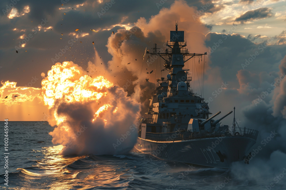 Warship in Full Combat Mode Firing Cannons at Sea Illustrating the ...