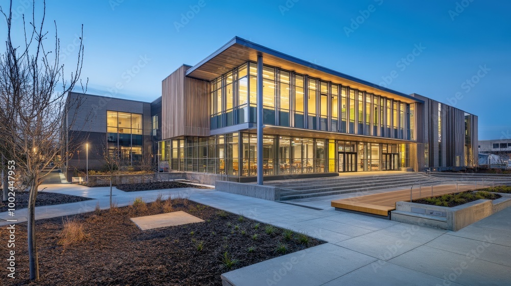 A modern building designed with ramps, wide doorways, and accessible ...