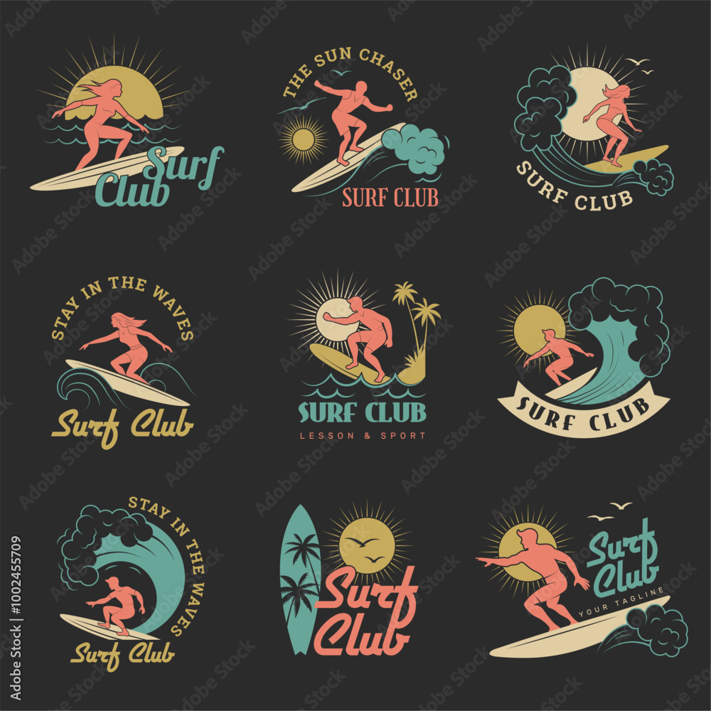 Surf club. T shirt design emblems freedom templates with surfers in ...