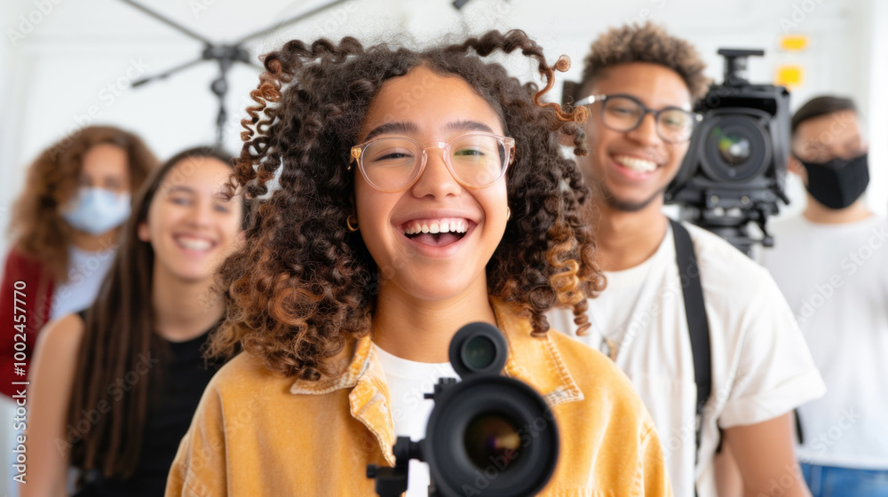 Diverse group of young filmmakers smiling behind cameras in a studio ...