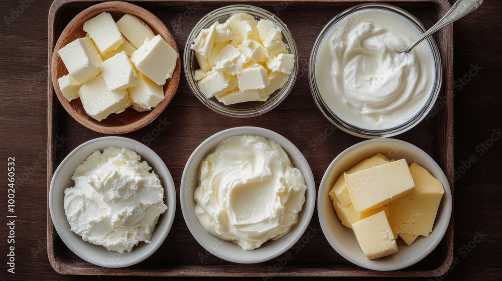 A tray of high-fat dairy products like cream, butter, and cheese ...
