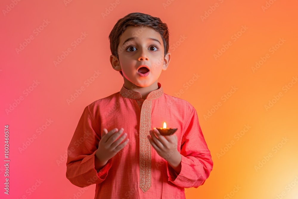 Portrait of a young Indian boy in a warm coral kurta, standing with a ...