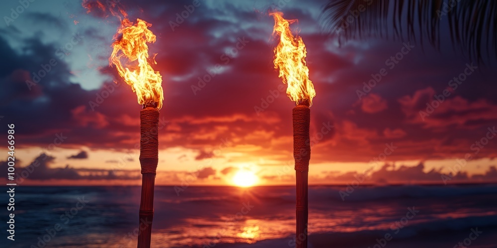 Hawaii luau party Maui fire tiki torches with open flames burning at ...