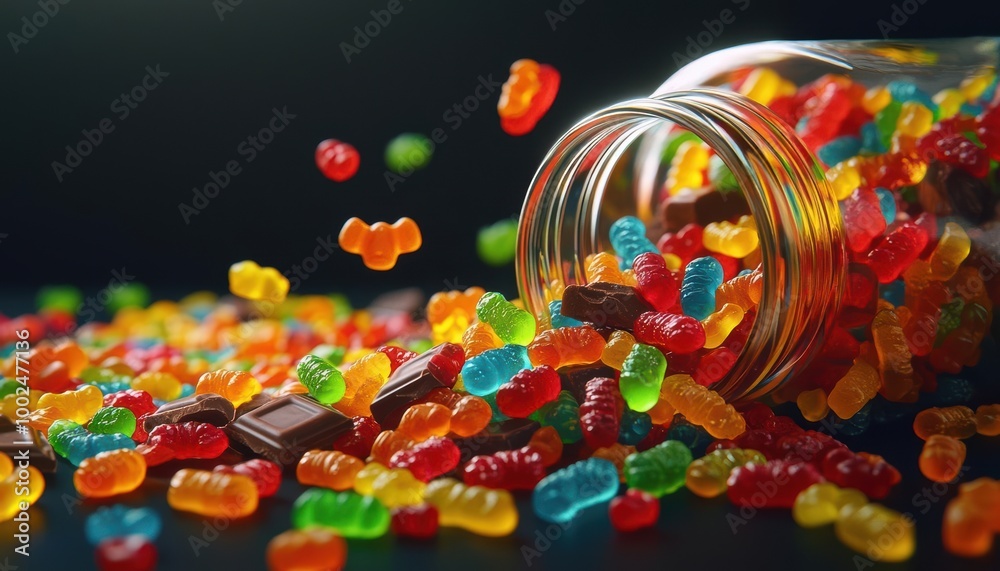 Colorful gummy candies spilling from a glass jar, creating a vibrant ...