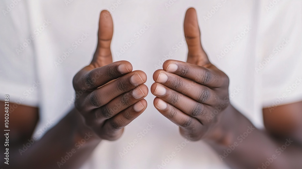 Close-up of dark-skinned hands cupped together in a gesture of offering ...