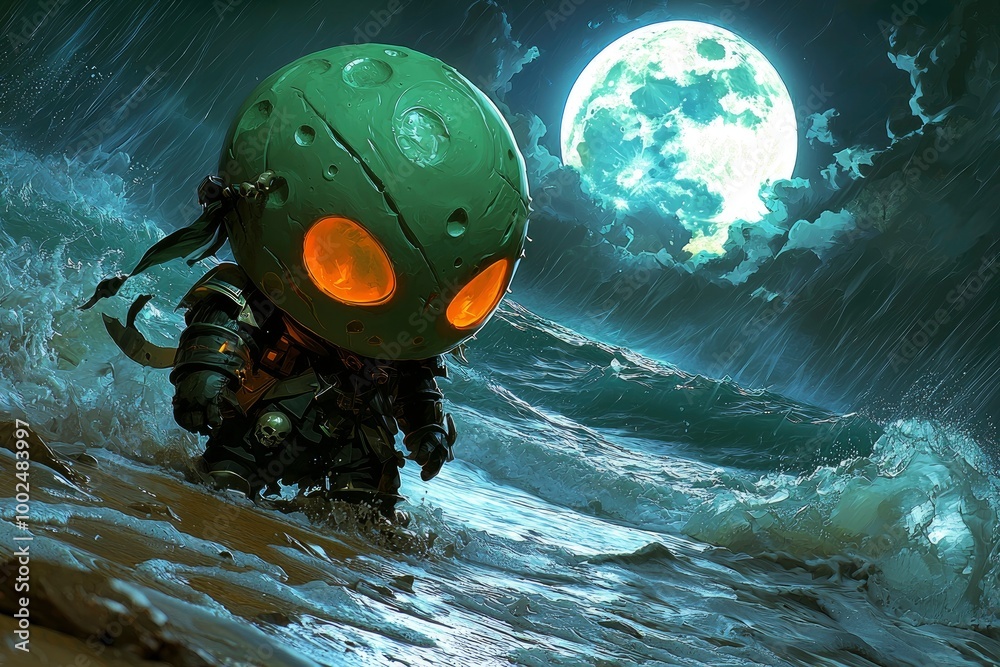 Fantasy Creature Walking on the Beach Under a Full Moon Stock ...
