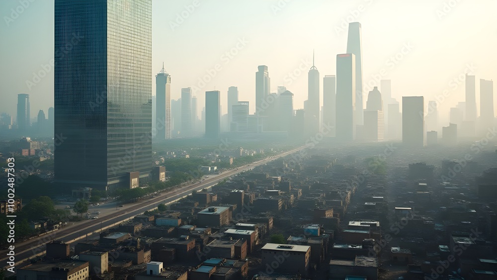 Poverty in the middle of the luxury city with tall skyscraper. The ...