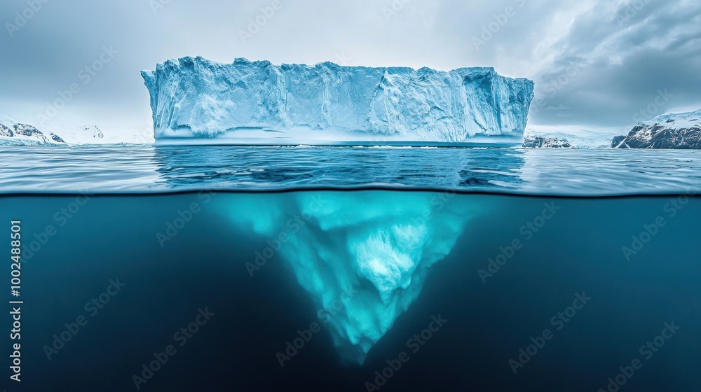 Iceberg floating in the cold ocean with a split view above and below ...