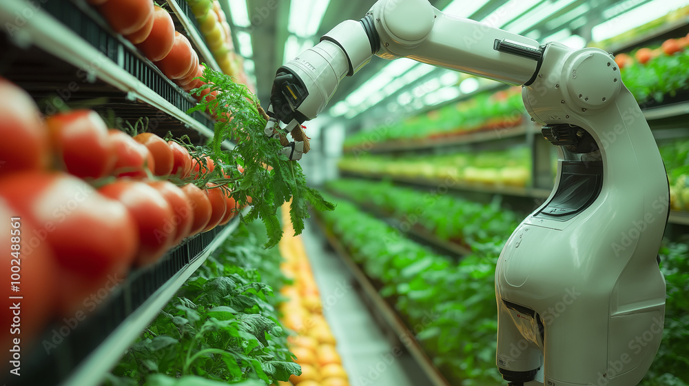 AI Robot in a Vertical Farm Harvesting Crops, Demonstrating the Role of ...