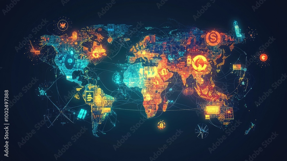 Global map with currency symbols and connecting trade routes ...