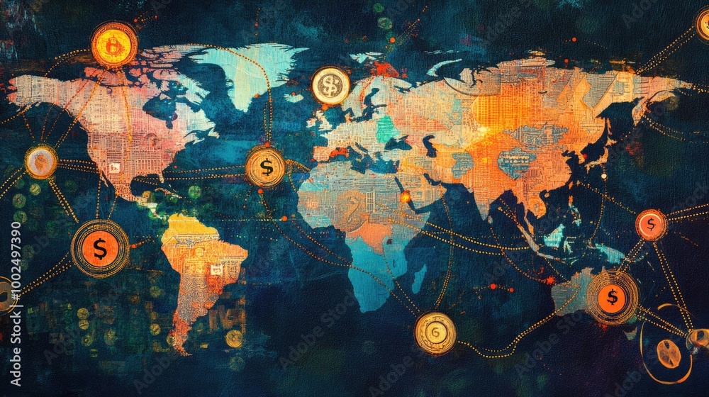 Global map with currency symbols and connecting trade routes ...