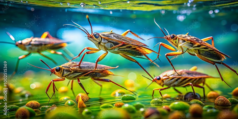Group of backswimmer bugs gracefully swimming beneath the water surface ...
