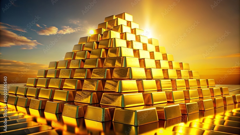 Shimmering gold bars arranged in a majestic pyramid, representing ...