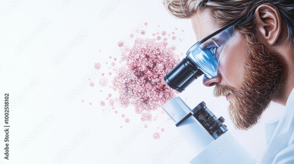 A sketch of a scientist observing a fungal spore under a microscope ...