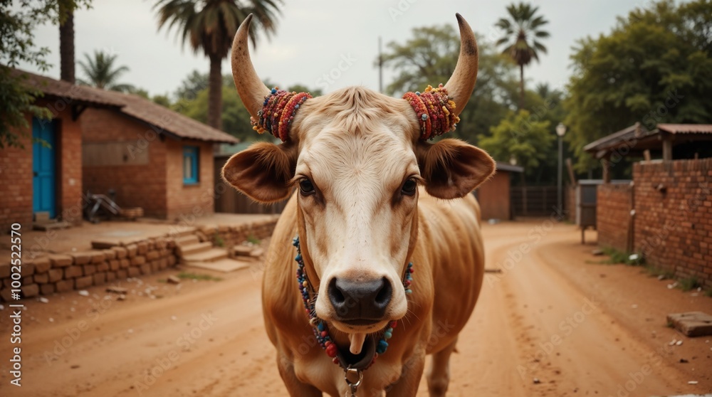 Sacred Indian cow desi, decorated for the festival, close-up in an ...