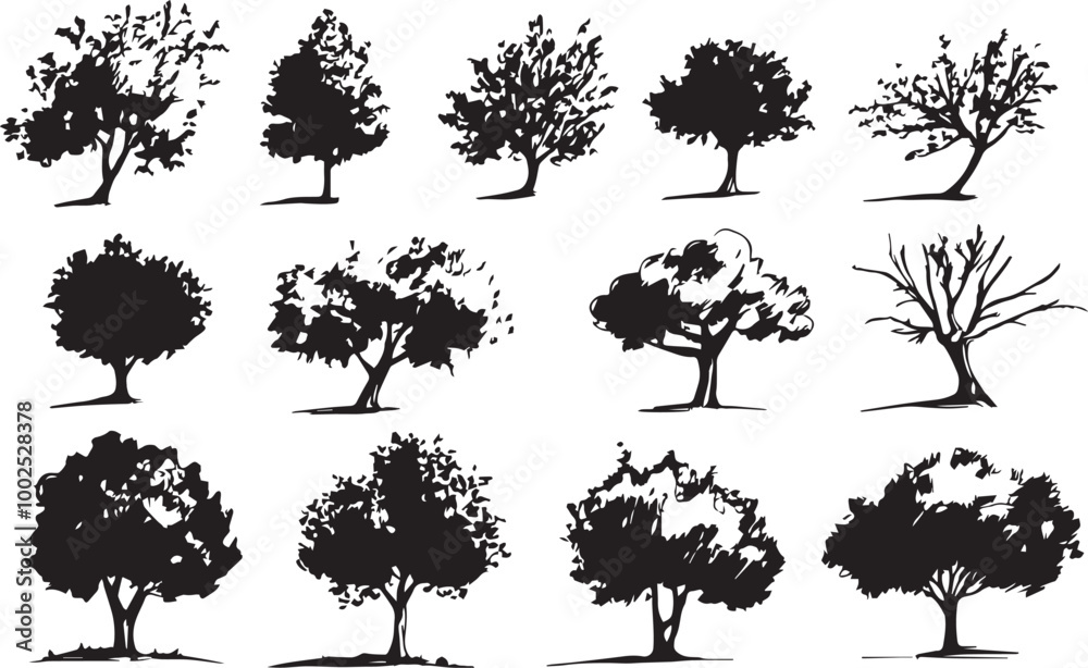 Silhouette tree set. Side view, set of graphic trees elements outline ...