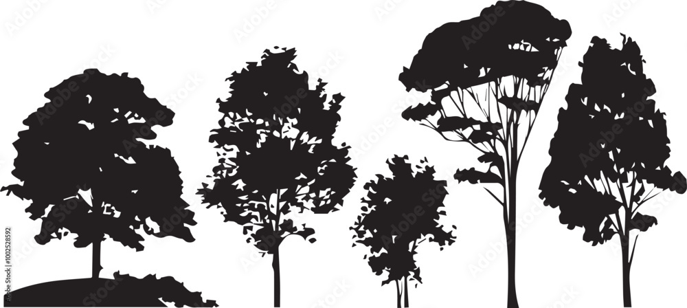 Silhouette tree set. Side view, set of graphic trees elements outline ...