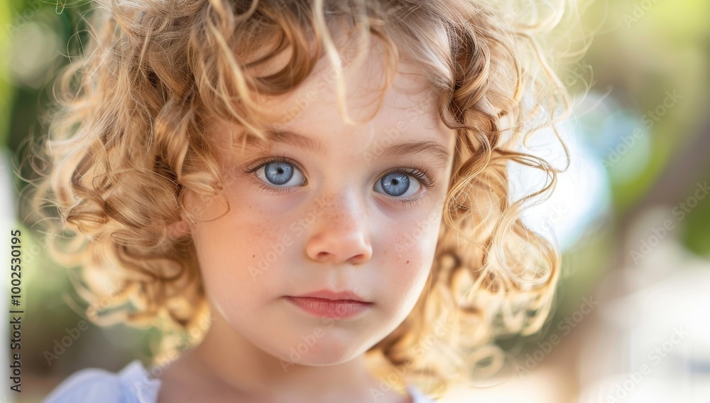 Cute little girl with blue eyes and curly blonde hair is looking at the ...
