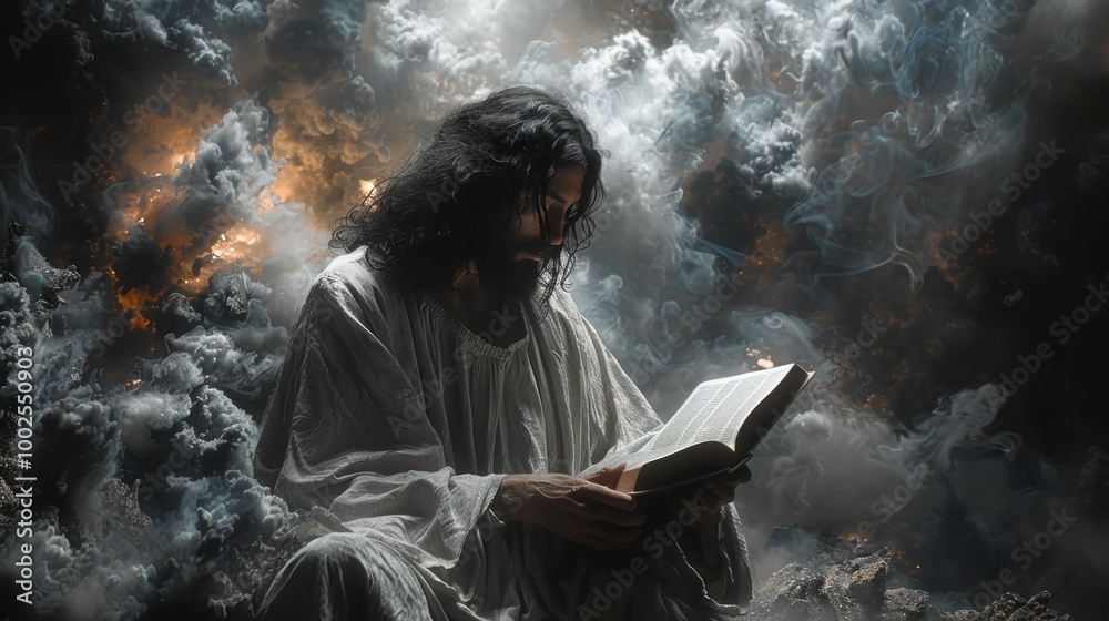 Jesus reading in sky . A contemplative figure immersed in divine ...