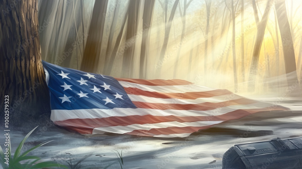 An American flag lies on the ground in a misty forest, a symbol of hope ...